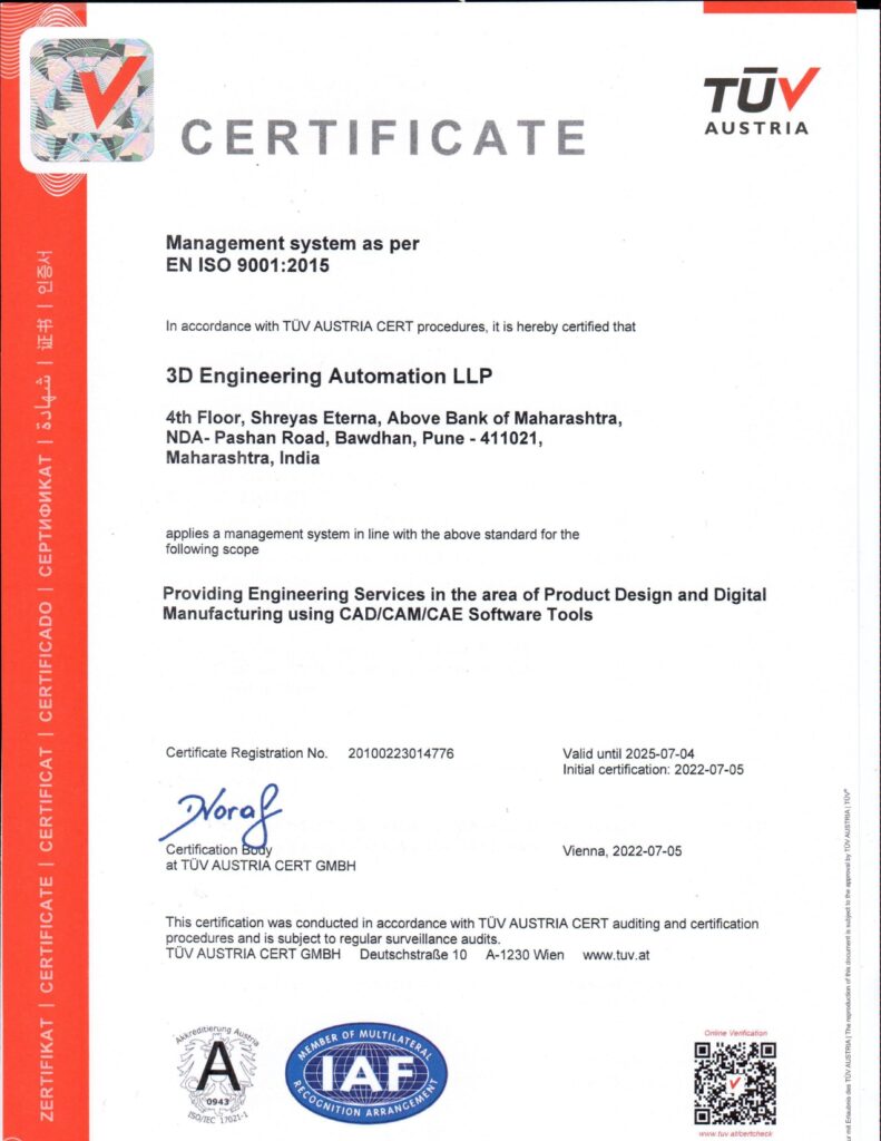 ISO 9001-2015 Certification - 3D Engineering Automation LLP